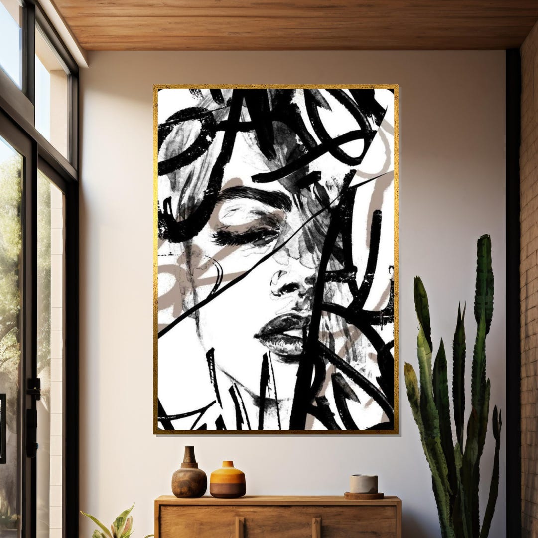 Abstract Face Canvas, Monochrome Wall Art, Modern Expressionism Print ...