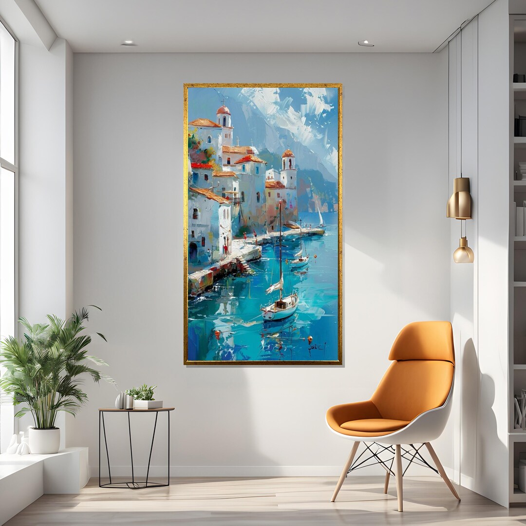 Mediterranean Seaside Canvas, Coastal Village Art, Boat Harbor Wall ...
