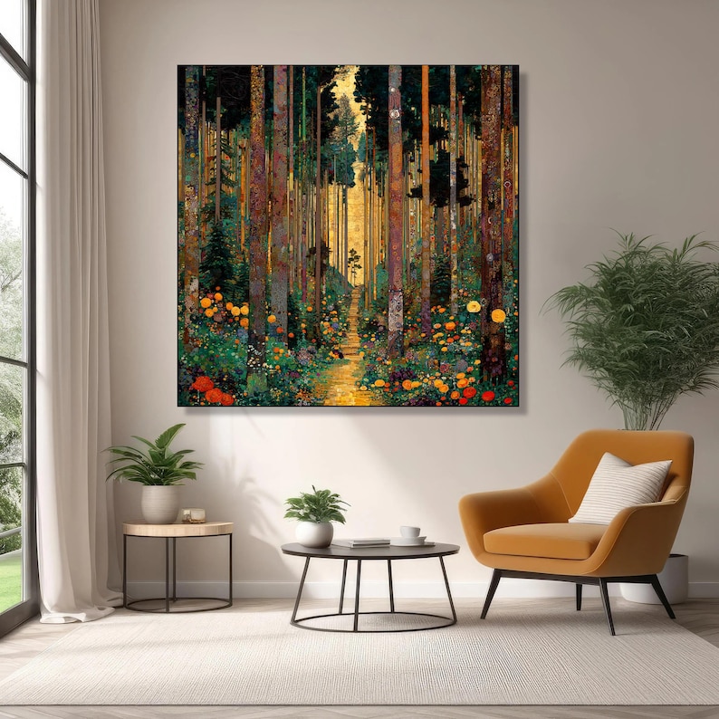 Gustav Klimt Forest Path Canvas, Colorful Floral Trees Wall Art, Golden ...