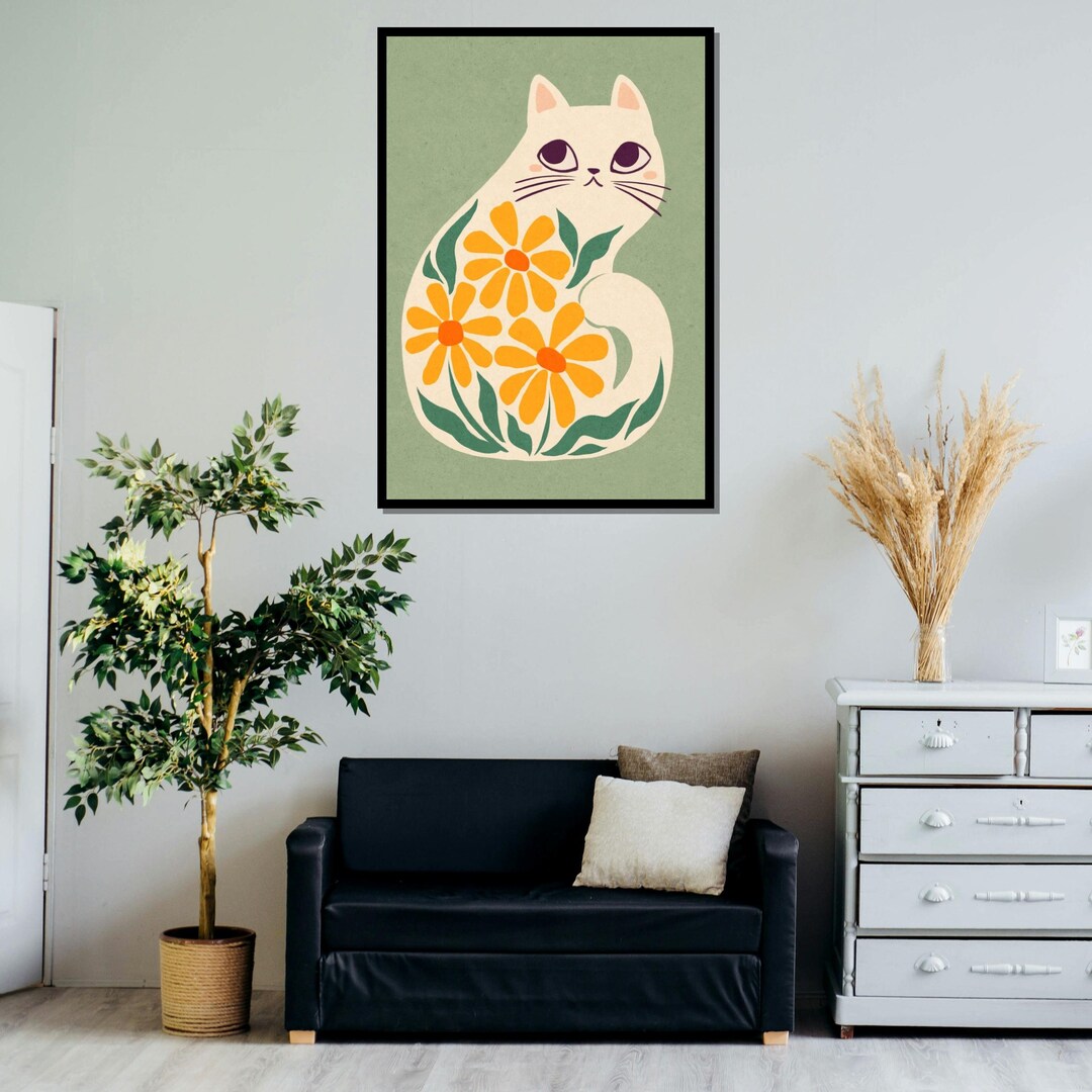 Boho Floral Cat Canvas, Flower Cat Art, Wall Art Canvas Design ...