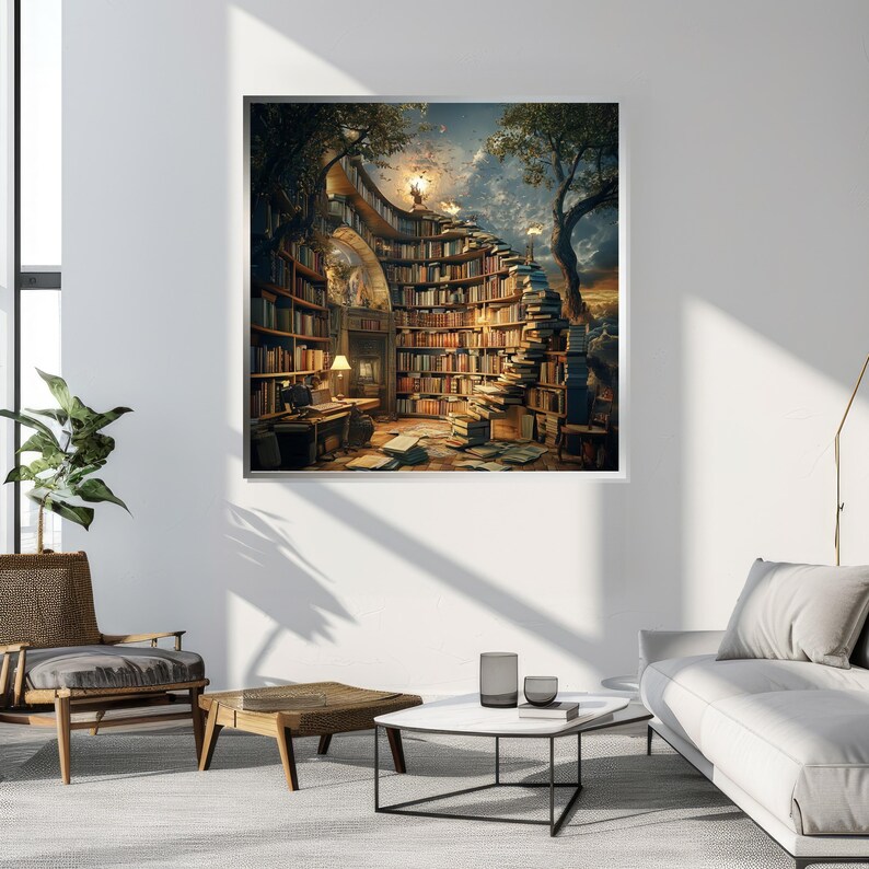 Dreamy Bookshelf Library, Spiral Bookcase Canvas, Magical Books Art ...