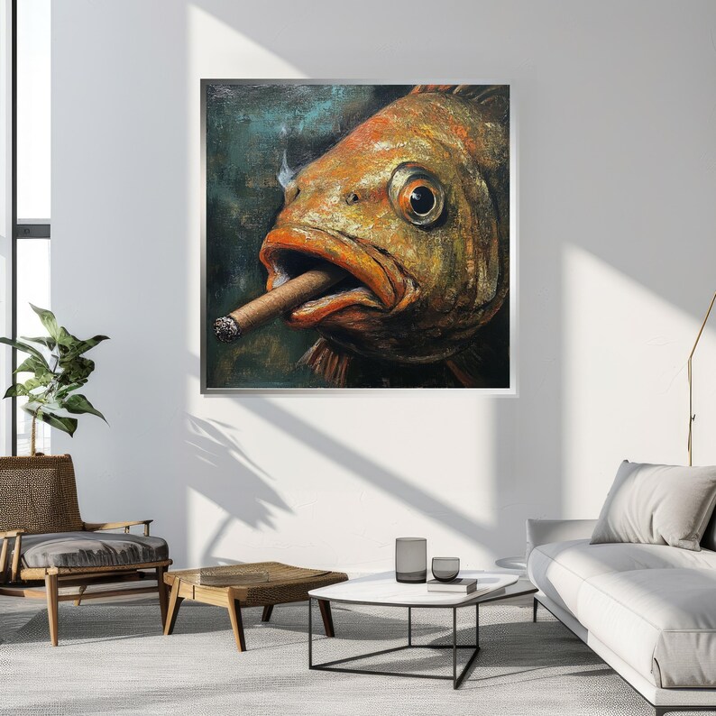 Fish Cigar Canvas, Smoking Fish Art, Unique Wall Art, Animal Canvas ...