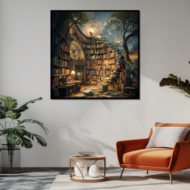 Dreamy Bookshelf Library, Spiral Bookcase Canvas, Magical Books Art ...
