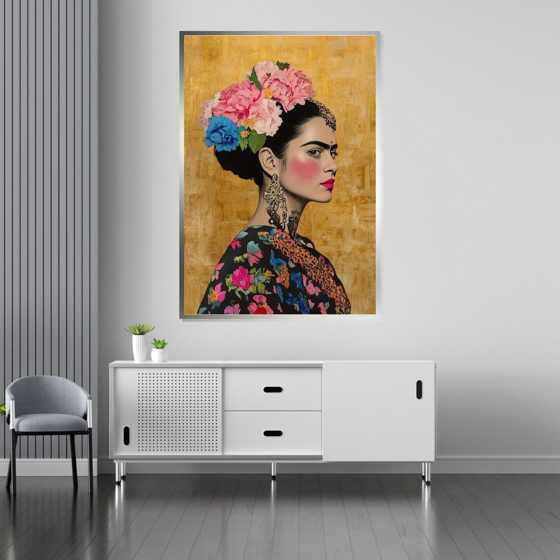 Frida Inspired Floral Canvas, Elegant Woman Portrait, Floral Headpiece ...