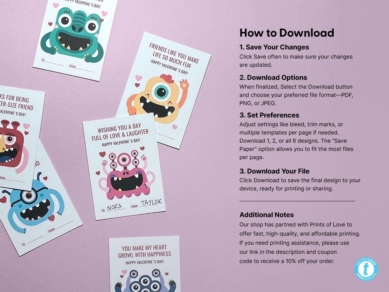 Monster-themed Valentine Printable Cards, Editable Template for ...