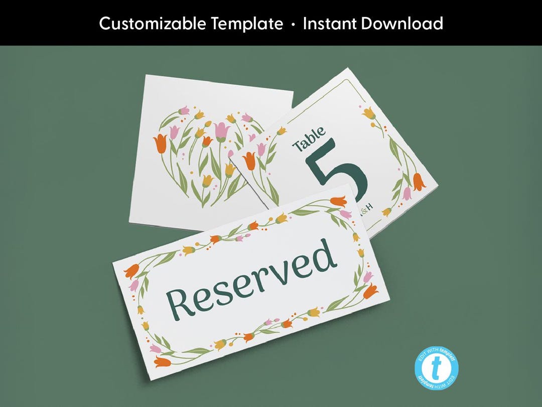 Floral Reserved Table Tent and Table Number Template Bundle, Printable ...