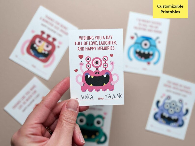 Monster-themed Valentine Printable Cards, Editable Template for ...