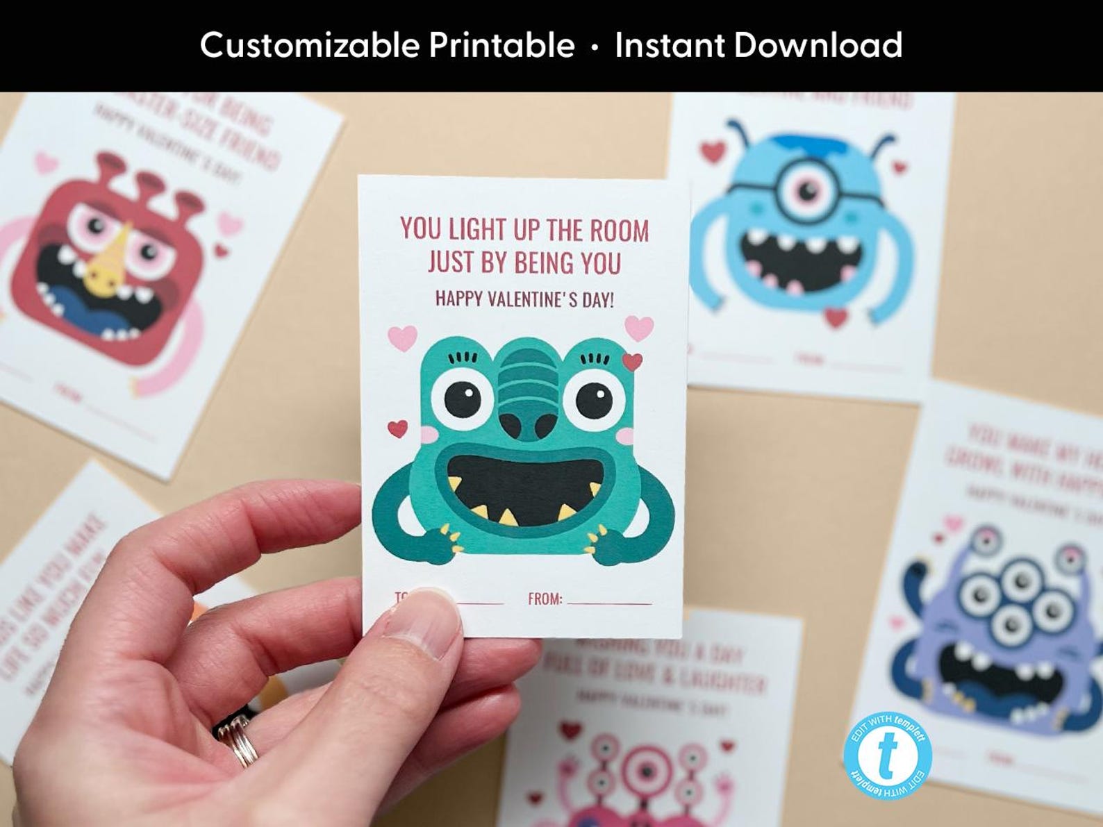 Monster-themed Valentine Printable Cards, Editable Template for ...