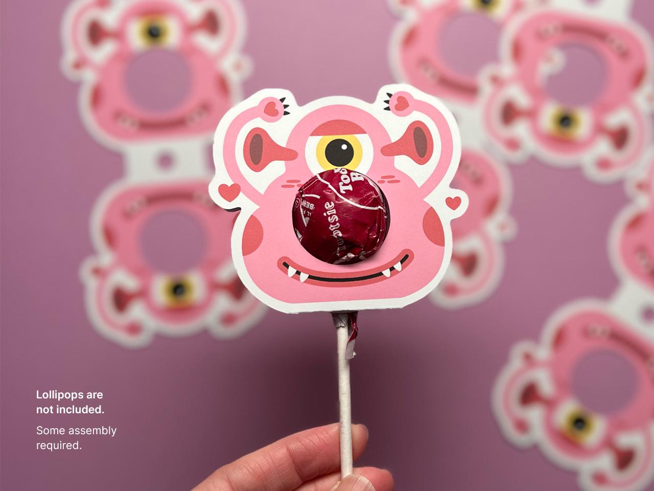 Monster Valentine Lollipop Holders: Set of 5, Pink & Red Candy Wrappers ...