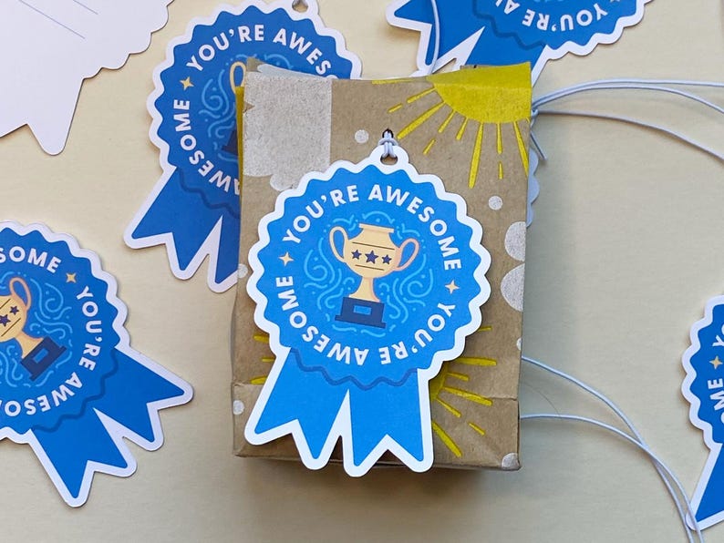 You’re Awesome Blue Ribbon Gift Tags, Set of 12 Encouragement Favor ...