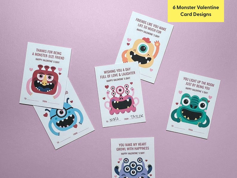 Monster-themed Valentine Printable Cards, Editable Template for ...