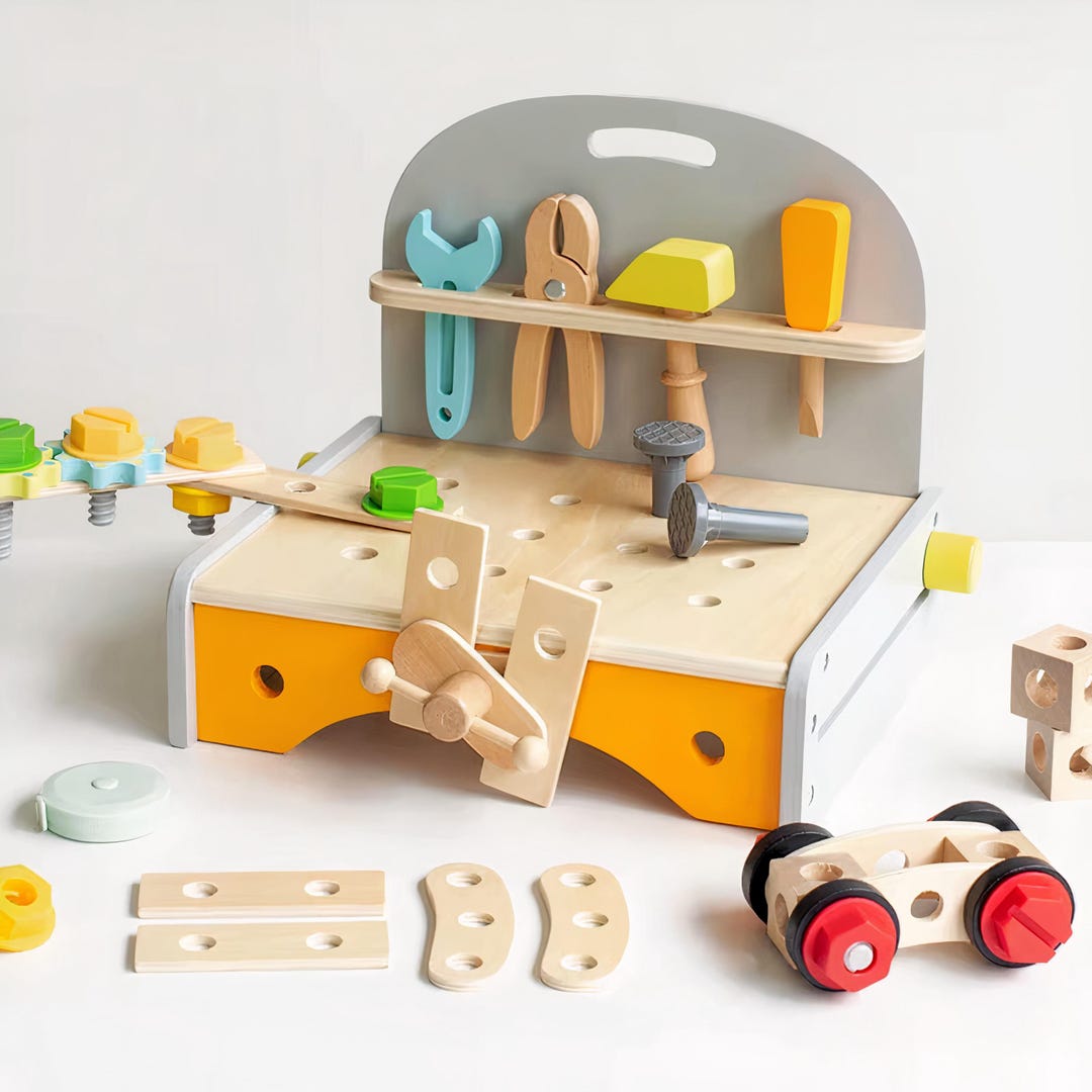 Wooden Tool Bench for Kids Pretend Play Tool Set With Hammer, Spanner ...