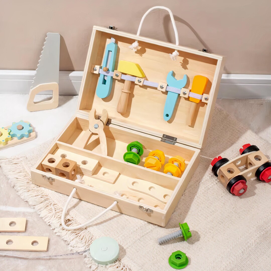Wooden Toolbox for Kids Pretend Play Tool Kit With Building Blocks - Etsy