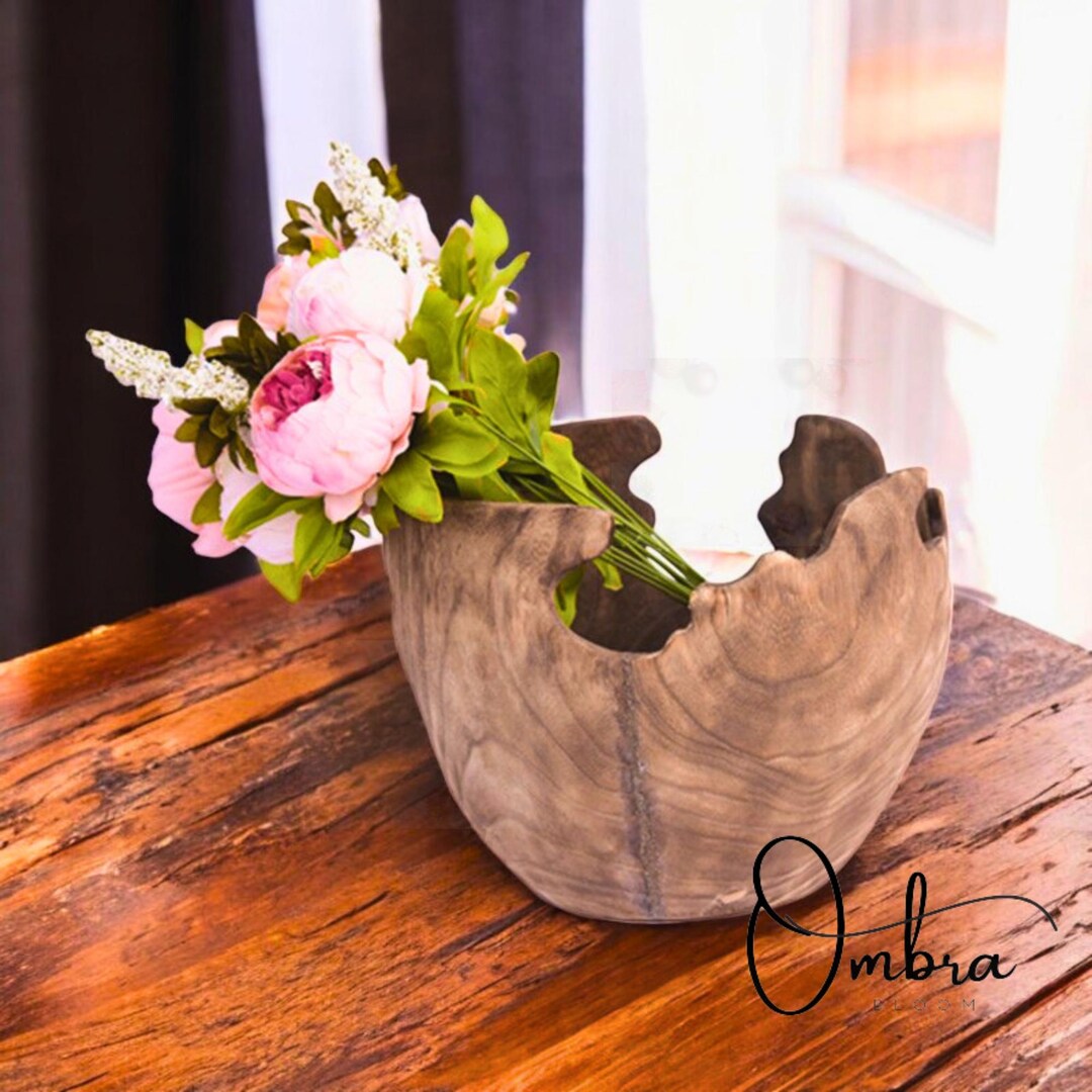 Rustic Hand Carved Wood Decorative Flower Vase, Decorative Rustic Wood ...