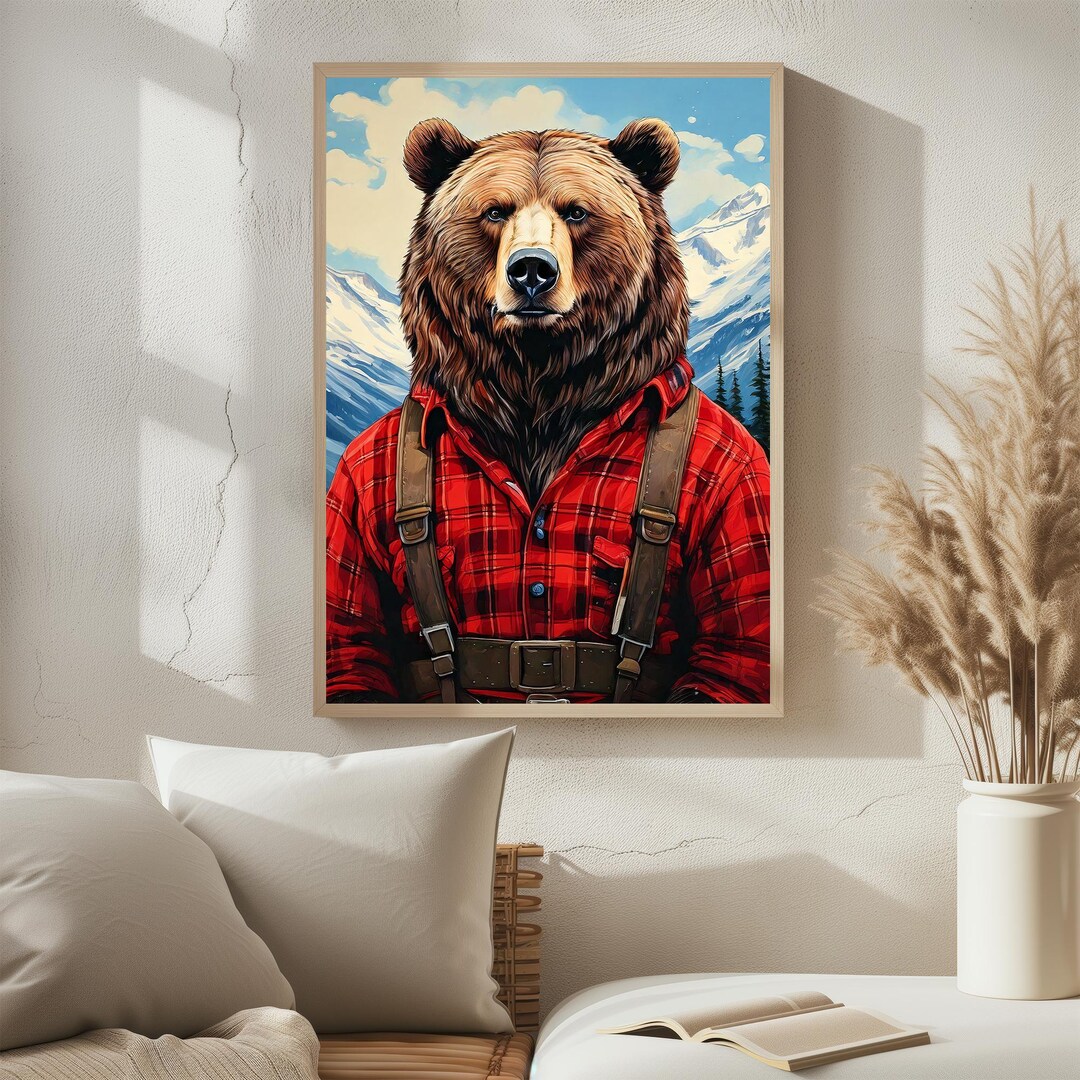 Rustic Bear Wall Art, Oil Painting Animal Portrait, Printable Bear in ...