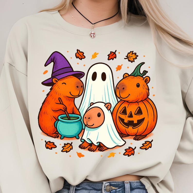 Halloween Capybara Clipart, Ghosts and Pumpkins, Trendy PNG (digital ...