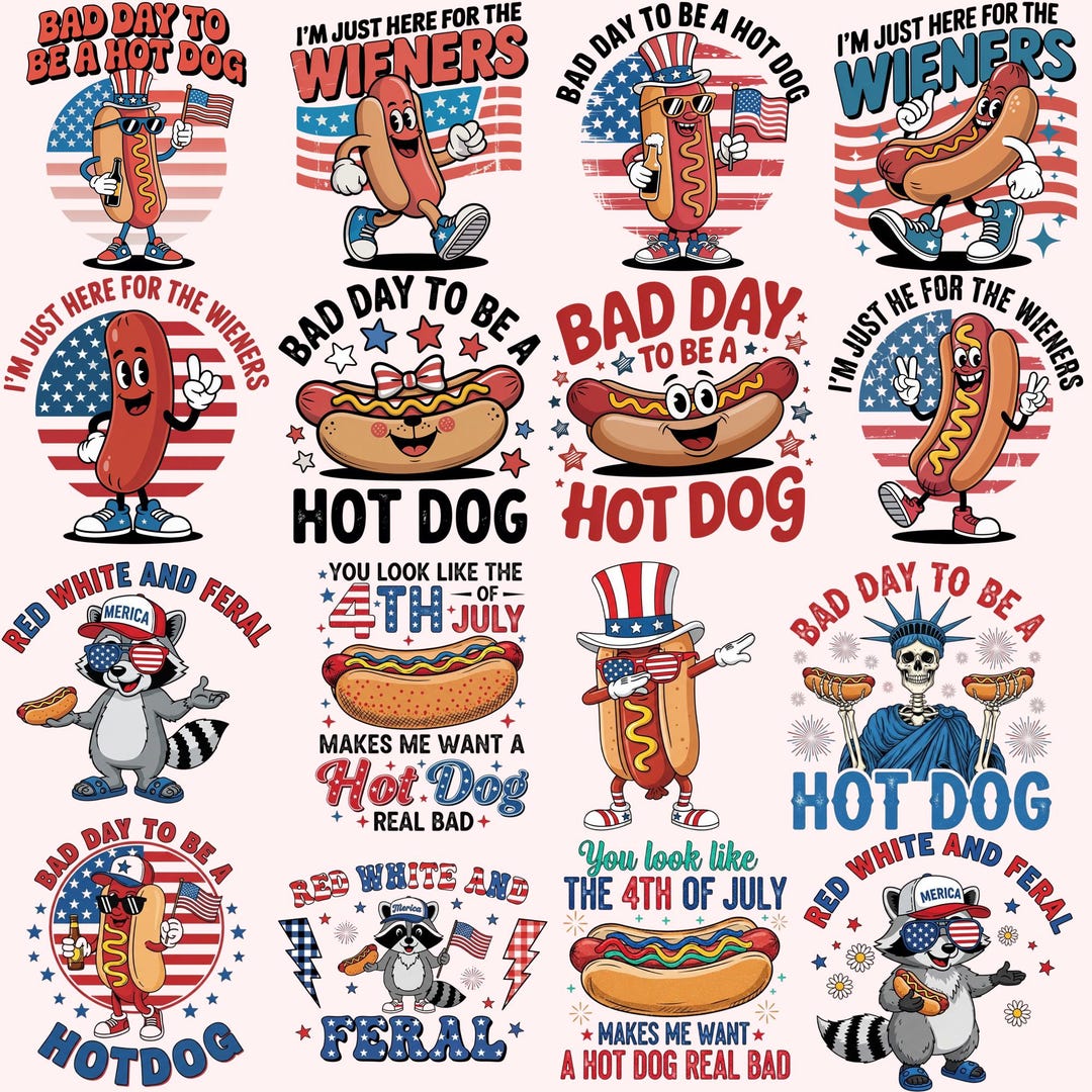 Funny Hot Dog 4th of July PNG Bundle, Patriotic Clipart (digital ...