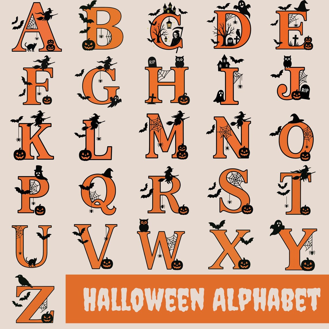 Halloween Alphabet PNG Bundle, Spooky Font Clipart (digital Download ...