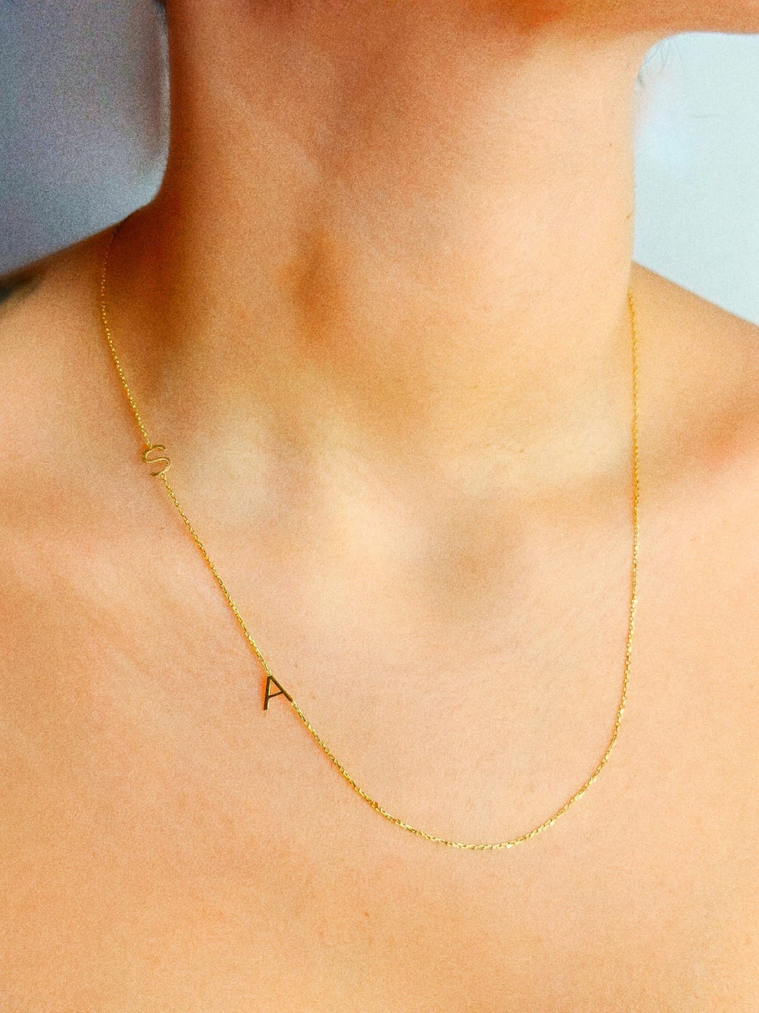 14K Solid Gold Sideway Initial Necklace, Minimalist Initial Pendant ...