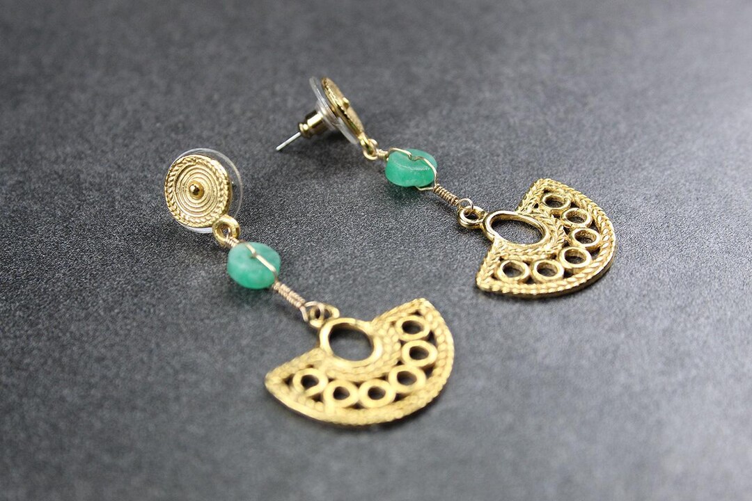 24kt Gold Pre-columbian Fan Shape Earrings W/natural Colombian Emeralds ...