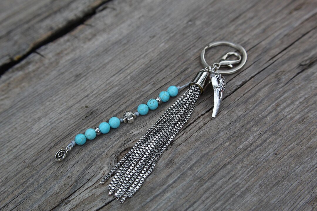 Tribal Raven Skull Keyring Natural Stone Mixed Beads & Box-chain-tassel ...