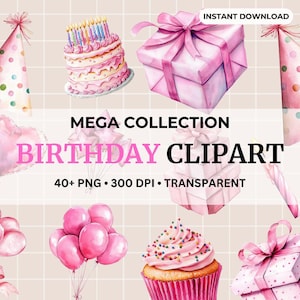 Watercolor Birthday Party Clipart Bundle Birthday Cake Clipart ...