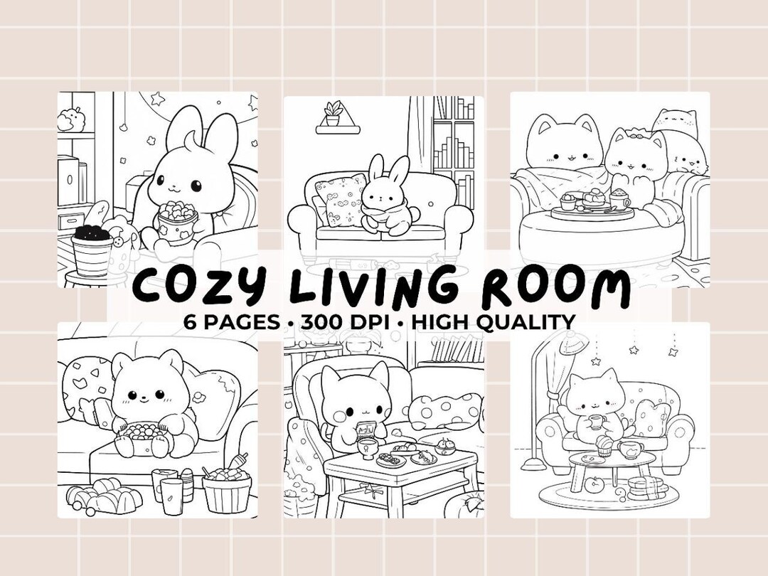Cozy Living Room Coloring Book Kawaii Animal Coloring Pages for Kids ...