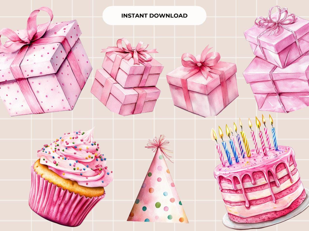 Watercolor Birthday Party Clipart Bundle Birthday Cake Clipart ...