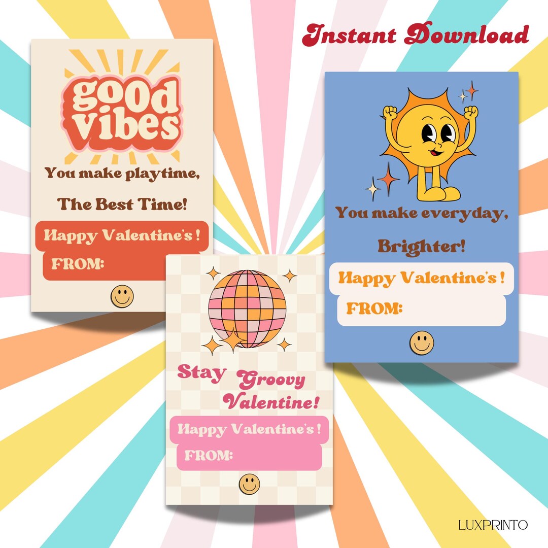 Smiley Face Valentine Cards, Printable Groovy Valentine Cards for Kids ...