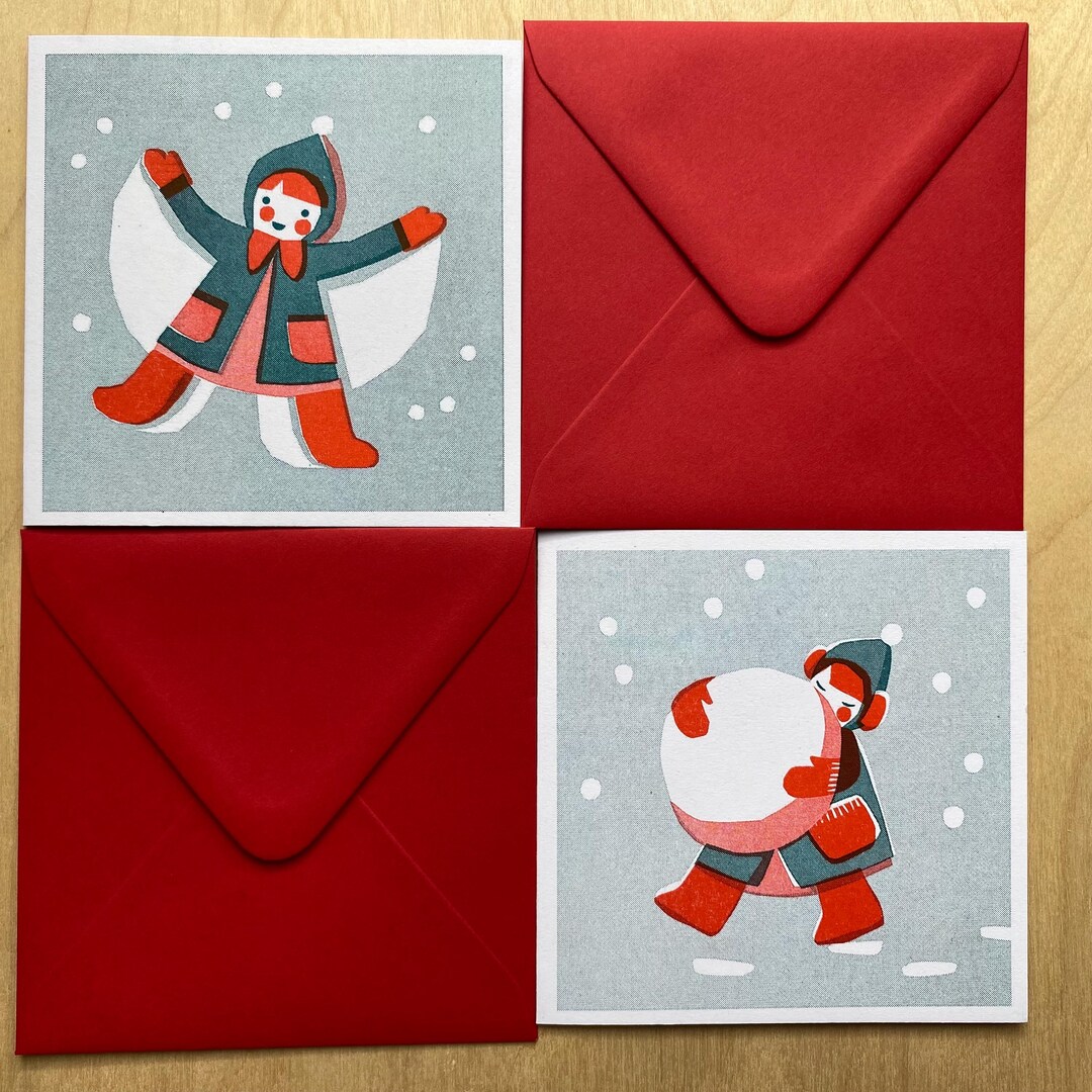 Snow Angel and Giant Snowball Cards, Riso Christmas Cards, Pack of Two ...