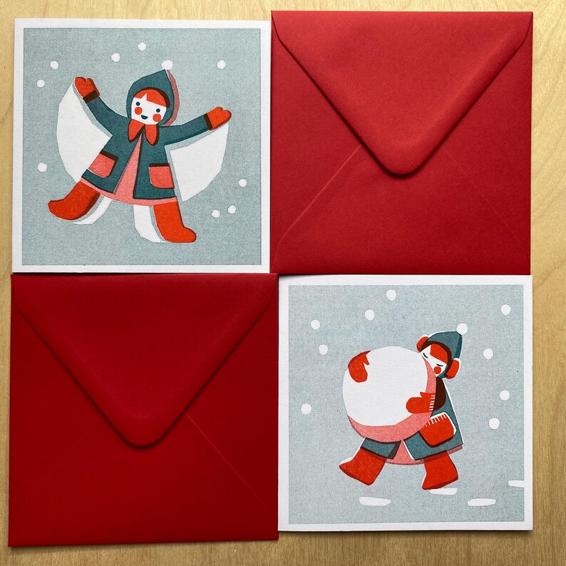 Snow Angel and Giant Snowball Cards, Riso Christmas Cards, Pack of Two ...
