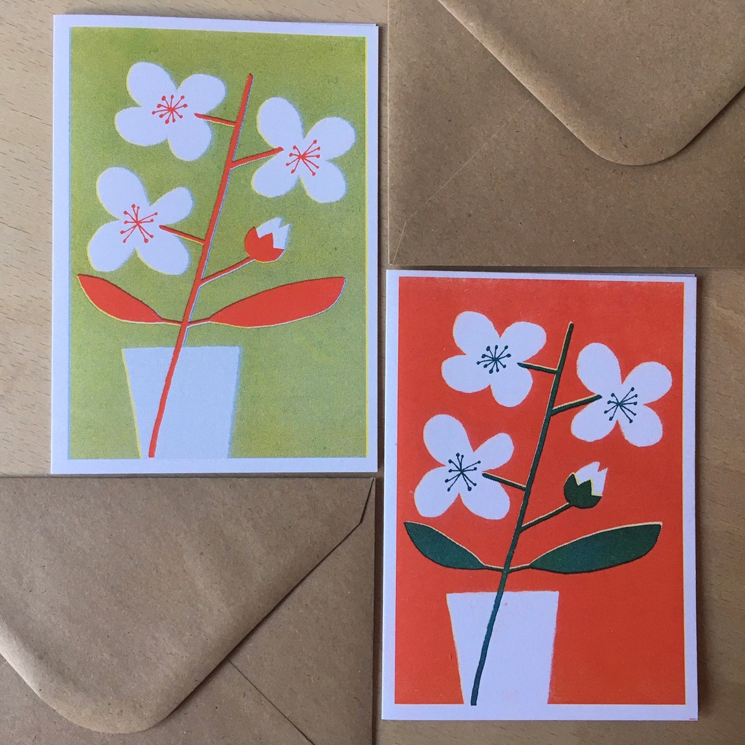 Scandi Flower Cards, Red and Green, Minimal Riso Greeting Cards, Mother ...