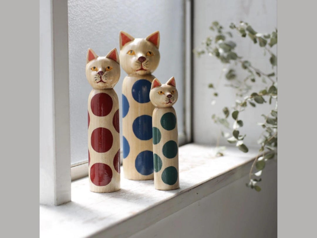 Japanese Handmade Neko-keshi Kokeshi Cat Dolls – Handmade Wooden ...