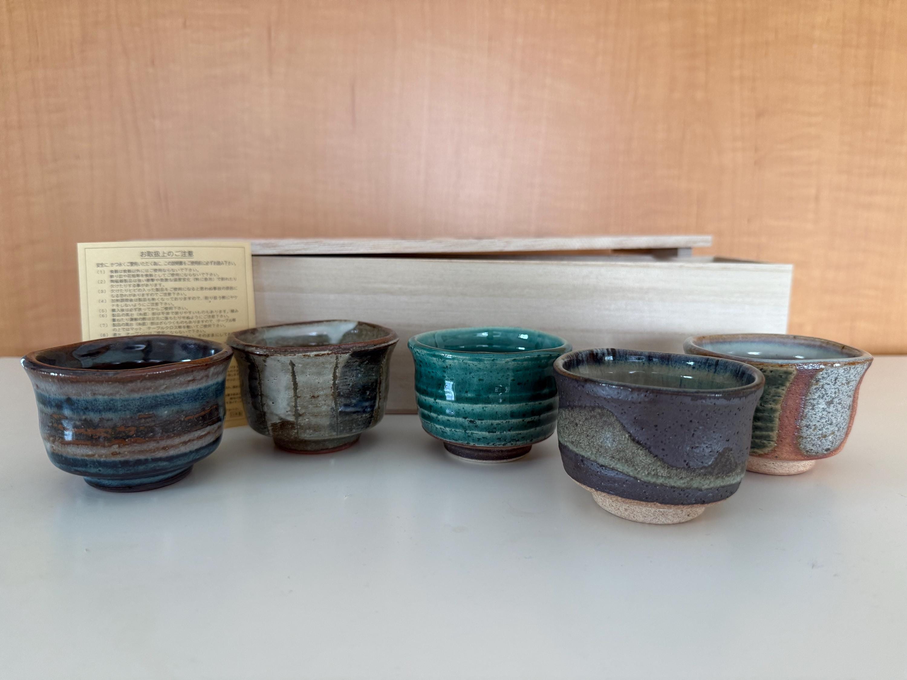Handmade Japanese Sake Cup Set of 5 | Mino Ware Pottery in Wooden Box ...
