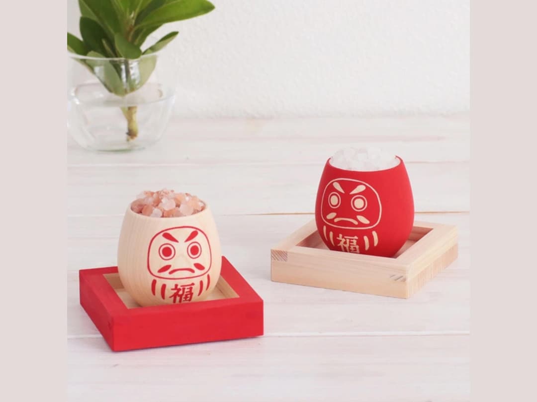 Handmade Lucky Daruma Salt Set in Hinoki Bowl – Hand-painted Red White ...