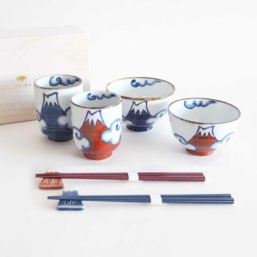 Japanese Hasami Ware Fujigaku Mt. Fuji Rice Bowl & Teacup Set – Hand ...
