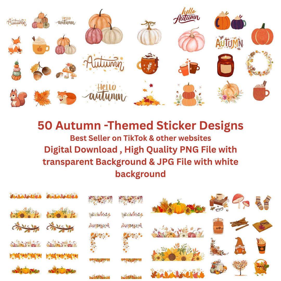 Autumn Sticker Sheet PNG, Cute Digital Stickers for Planners Journals ...