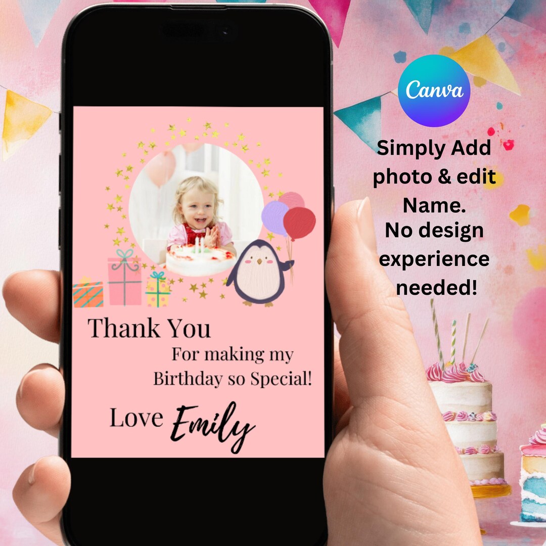Editable Birthday Thank You Card With Photo | Canva Template (digital ...