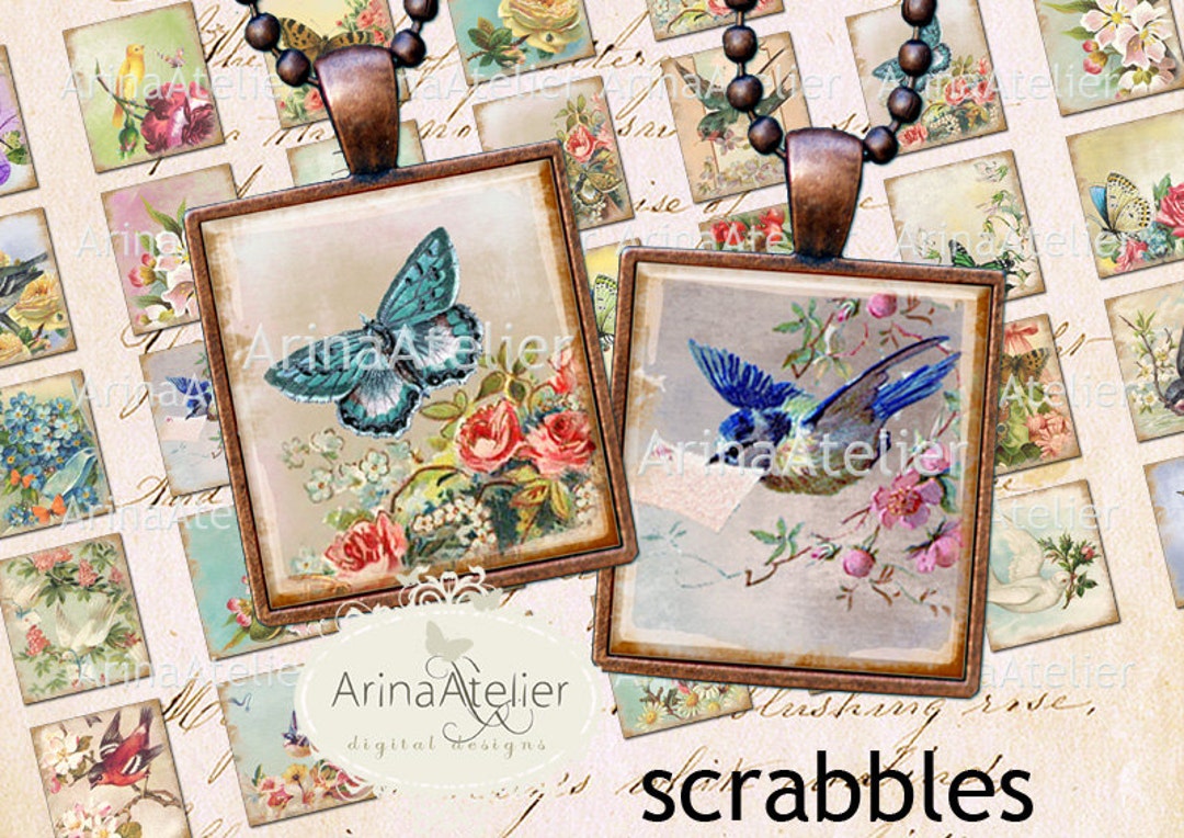 SCRABBLE Shabby Flowers, Birds and Butterflies - Digital Collage ...