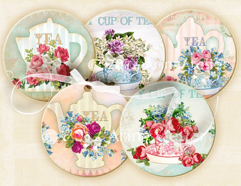 Sweet Tea Flowers Vintage Tags - Circle Microslides - 2,5 Inch Circles ...
