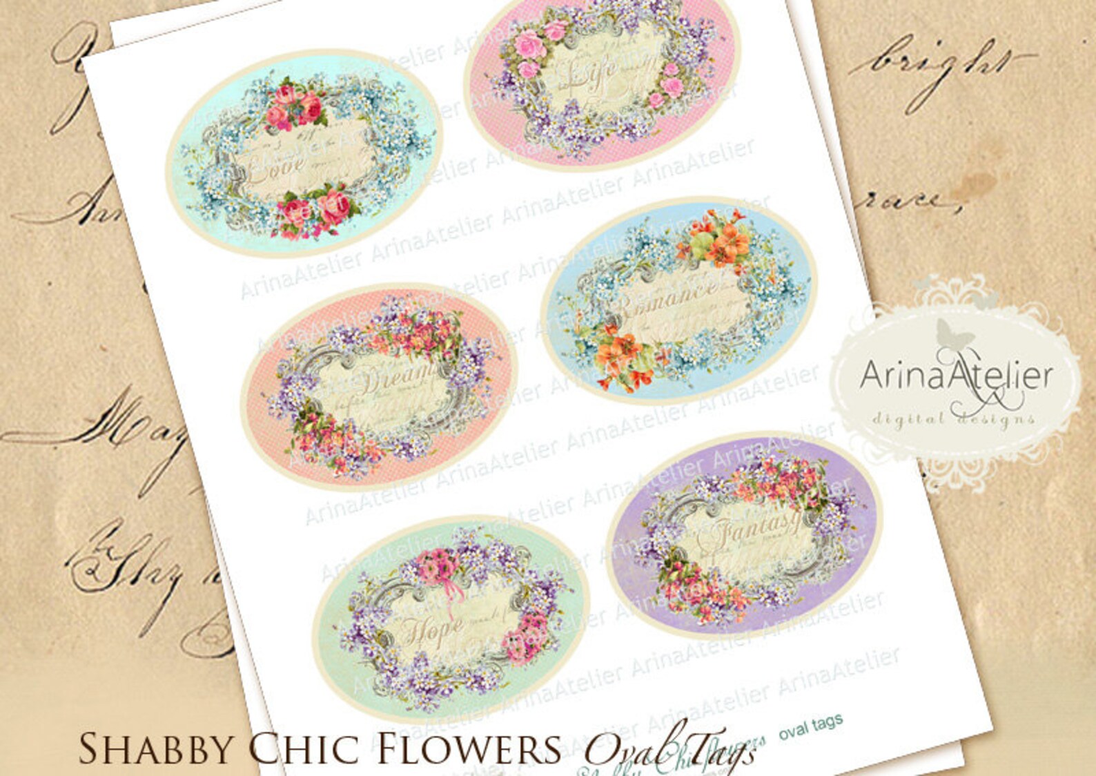 OVAL TAGS Shabby Chic Flowers 2,5x3,5inch Digital Tags Collage Ovals ...