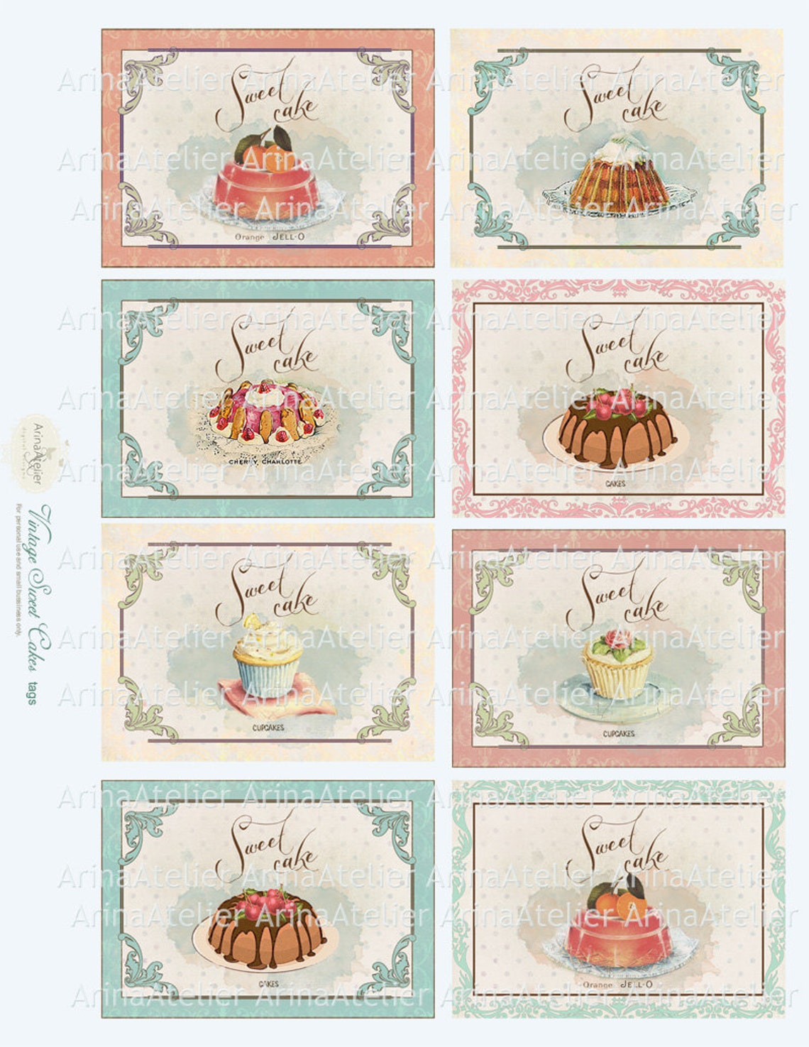 Vintage Sweet Cakes Tags - ATC Cards - Set of 8 - Collage Sheet ...