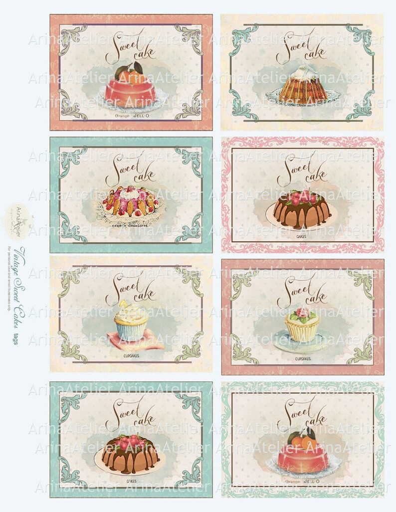 Vintage Sweet Cakes Tags - ATC Cards - Set of 8 - Collage Sheet ...