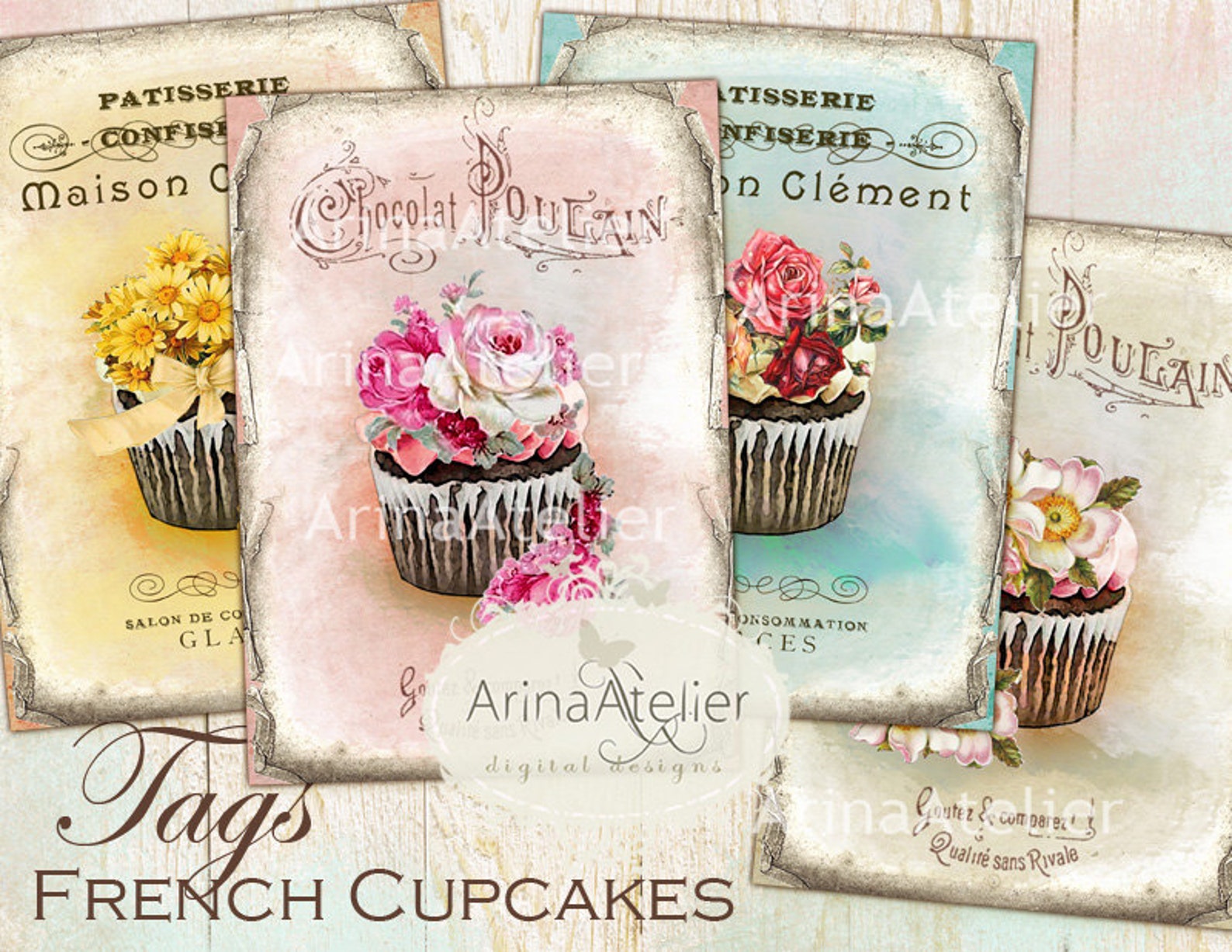 CARDS French CUPCAKES - Digital Collage Sheet - French Patisserie ...