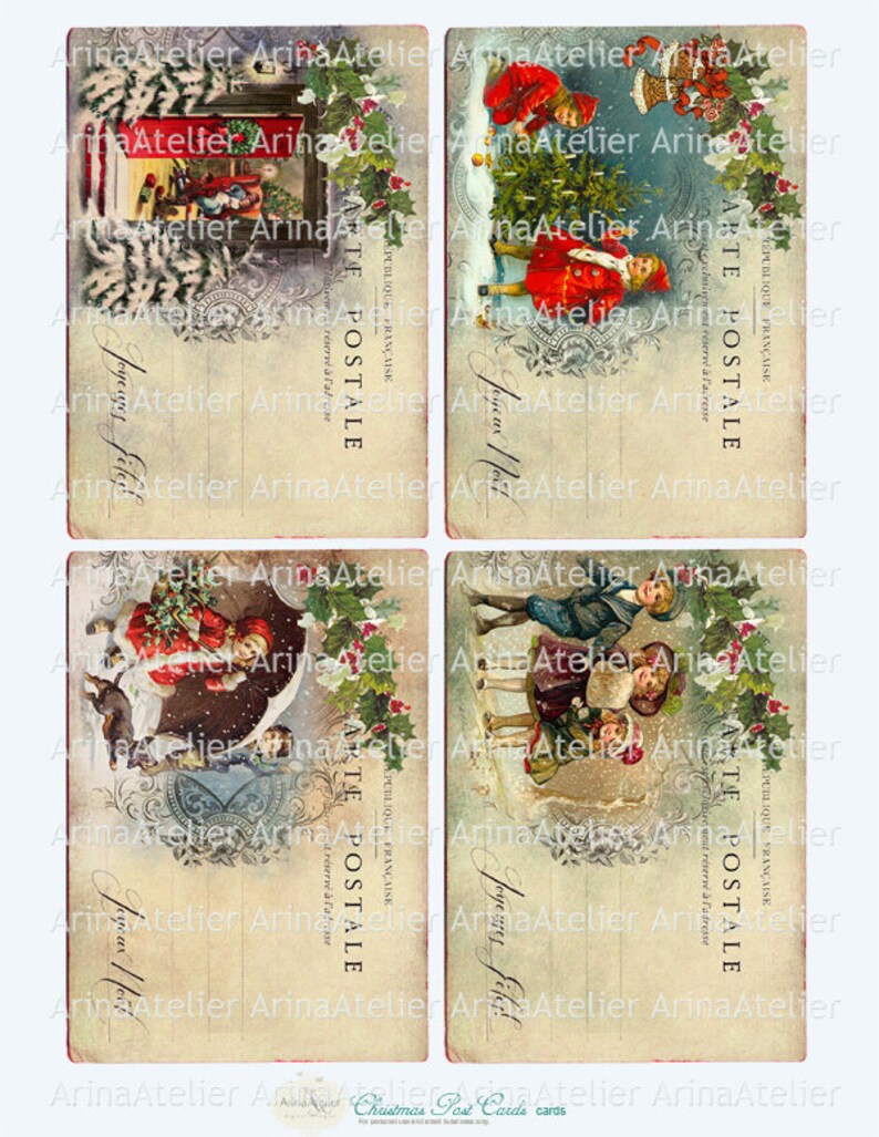 Digital Cards Christmas Post Cards -digital Tags - Set of 4 - 3,5x5 ...