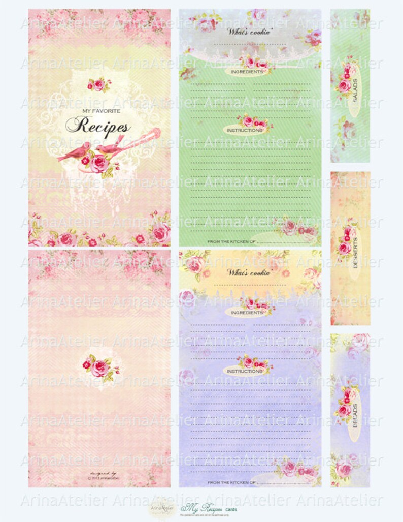 My Recipes Cards Set of 8 Backgrounds Digital Collage Sheet Printable ...