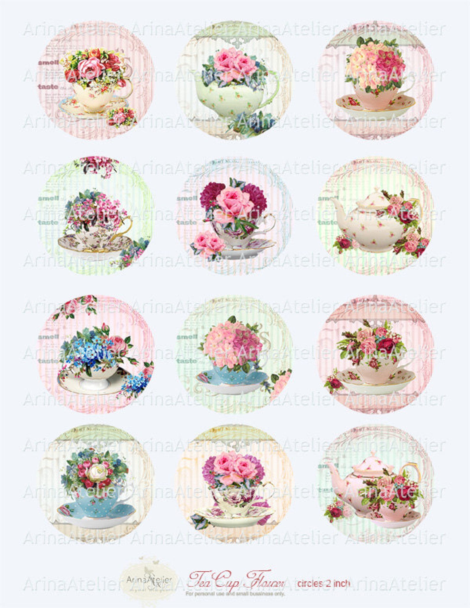 Vintage Tea Cup Flower - Circle Microslides - 2 Inch Circles - Digital ...
