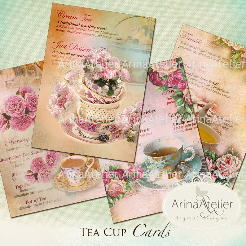 Tea Cups Cards - ATC Cards - Collage Sheet Download - Digital Tags ...
