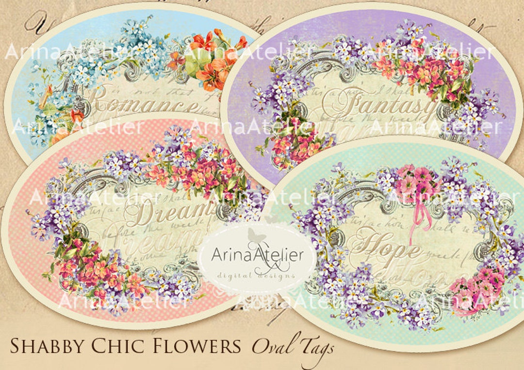 OVAL TAGS Shabby Chic Flowers - 2,5x3,5inch Digital Tags - Collage ...