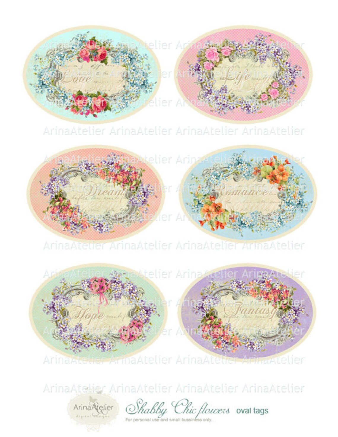 OVAL TAGS Shabby Chic Flowers 2,5x3,5inch Digital Tags Collage Ovals ...
